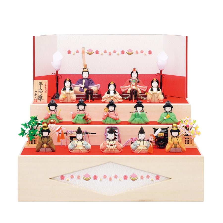 雛人形 木目込み 一秀 ひな人形 十五人飾 平安雛14号 収納飾 収納箱 かわいい コンパクト ひな人形 お雛様 おしゃれ 可愛い まる顔 2023 23-d1a
