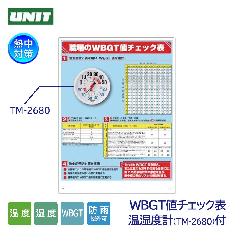 ユニット 熱中対策 WBGT 値 チェック表 温湿度計 TM-2680 付 温度 湿度 防雨 屋外可 HO-515 | 暑さ対策商品,熱中症計/WBGT計/温湿度計 | 労働安全衛生保護具の ...