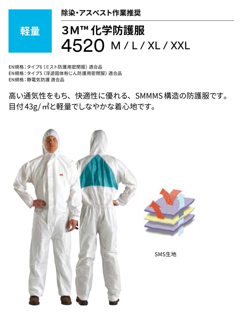 3M/スリーエム 化学防護服 4520 (20着) [JIS T 8115準拠品] | 保護服 / 防護服,3M スリーエム 保護服 / 防護服 | 労働安全衛生保護具の通販サイト、安全モール 本店