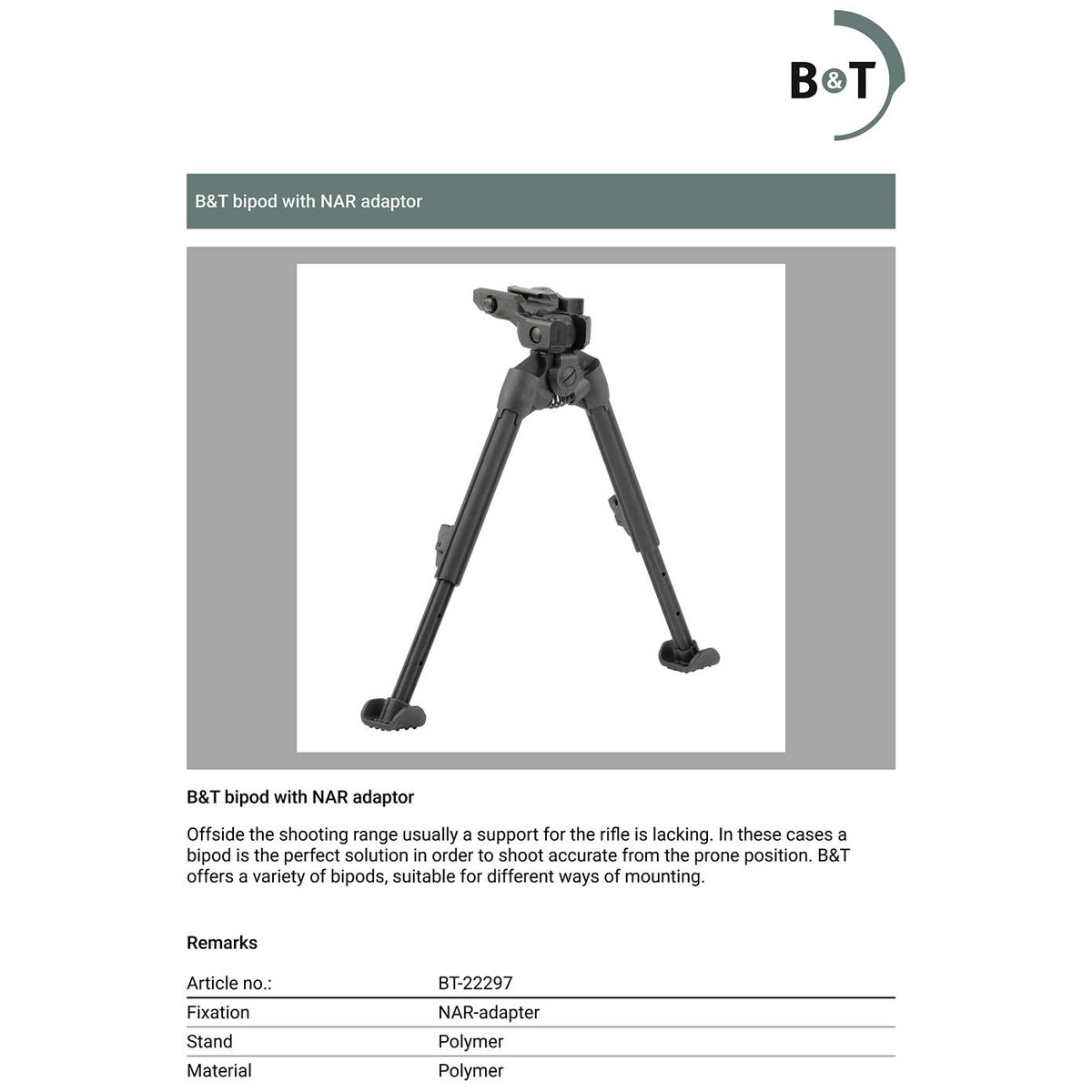 B&T ミリタリーバイポッド (with NAR Adapter/Polymer Feet) 【品番：BT-22297】【管A】 | B&T ...