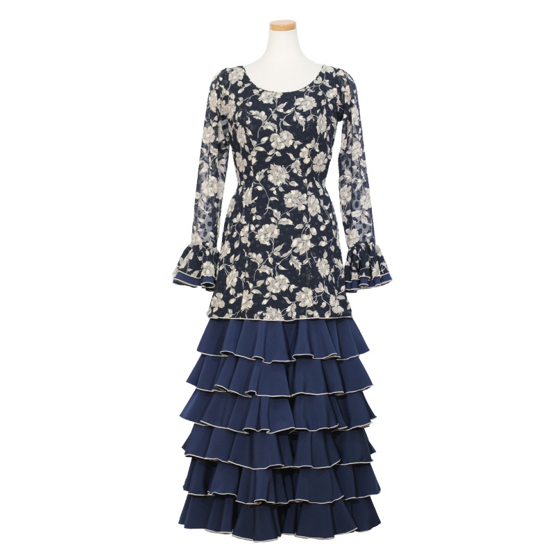 HP-2203 シージョ付き二枚仕立て6段フリルワンピース ネイビー×アイボリー花柄【22P】 | 衣装,ドレス,ワンピース,オーダー商品 ...