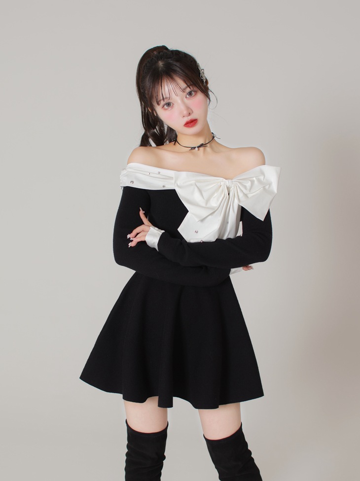 M me eme／Big ribbon flare knit onepiece(eme10527) | All Item | Mmeeme