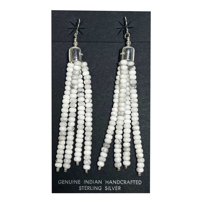 インディアンジュエリー 4連 ホワイト ハウライト ビーズ シルバー タッセル フック ピアスINDIAN JEWELRY 4Strand White Howlite Beaded ...