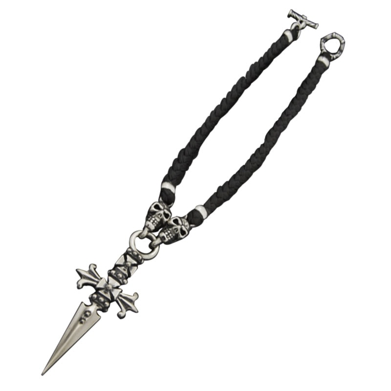 CROSS DAGGER WITH 2 SKULLS WITH BRAIDED LEATHER NECKLACE WITH T-BAR CZ ...