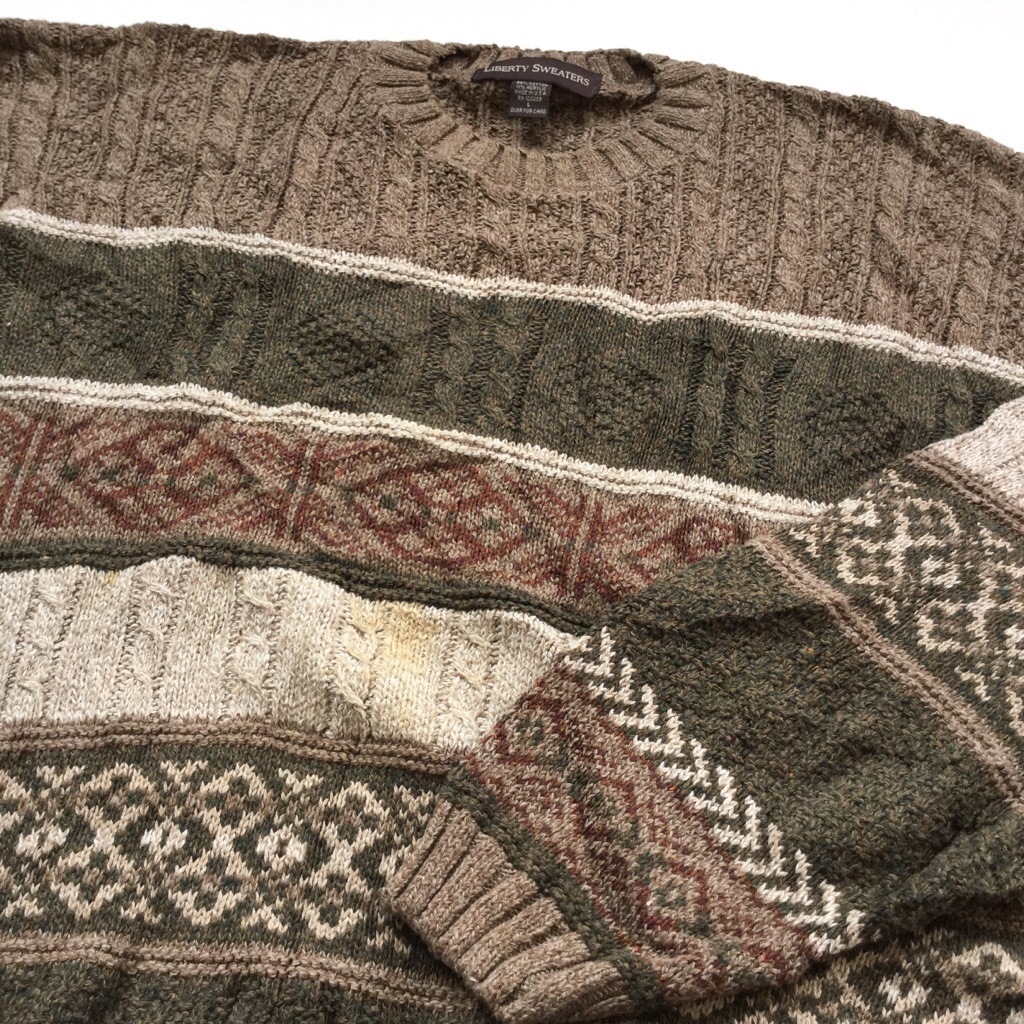 LIBERTY SWEATERS アメリカ輸入 総柄セーター ニットセーター 送料無料 メンズ L/茶系 柄物 柄網 クルーネック MADE ...