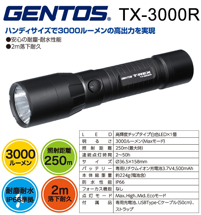ジェントス LEDハンディライト TXシリーズ GENTOS TX-3000R 耐塵 耐水 1m防水仕様