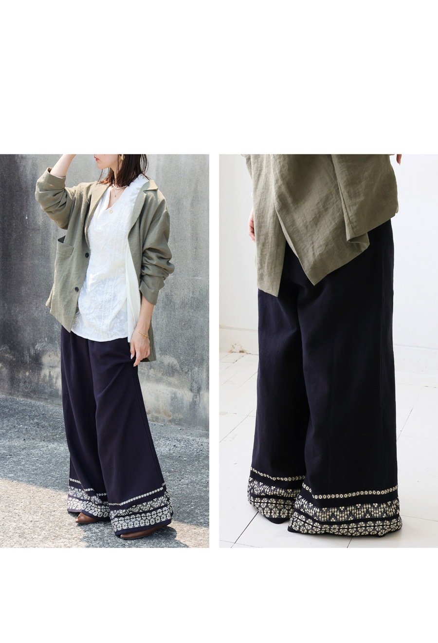 花柄刺繍ワイドパンツ レディース パンツ インド綿 送料無料・メール便