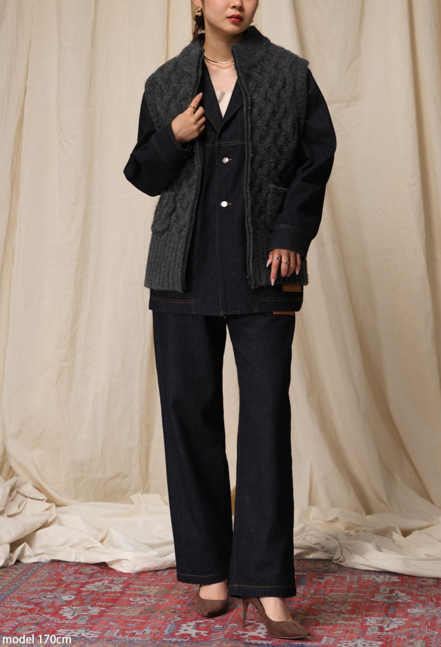 籠編み風ニットベスト ユニセックス ハイネック ベスト 送料無料