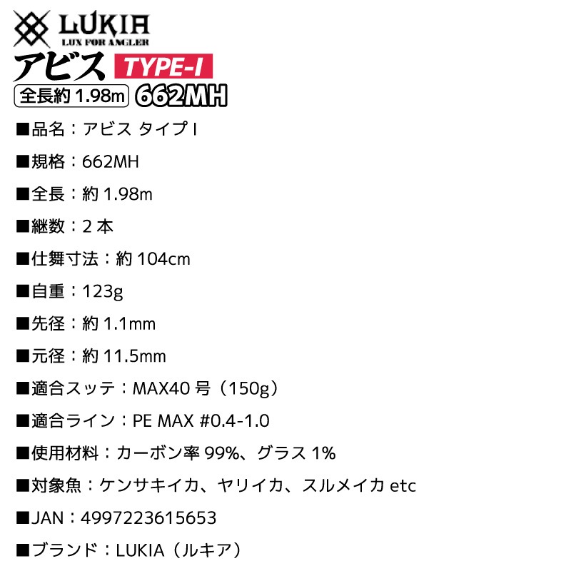釣り竿 アビス タイプI 662MH ベイトモデル 全長約1.98m イカメタル用