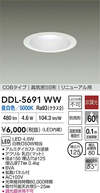 大光電機 屋内･屋外兼用ベースダウンライト DDL5691WW 昼白色 Φ125 白熱灯60W相当 工事必要 | アウトドアライト,軒下用,ダウンライト,埋込穴125,白熱灯60W相当 ...
