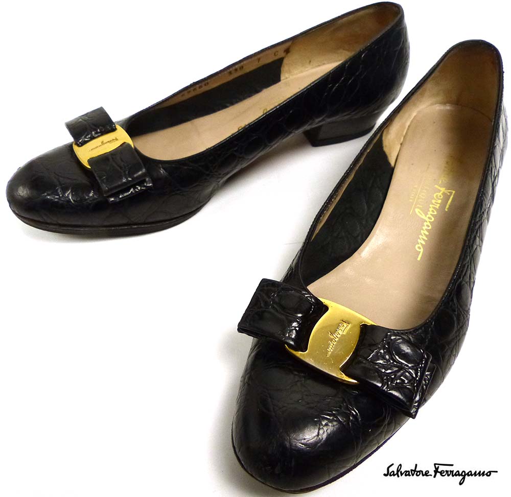 イタリア製 サルヴァトーレ フェラガモ / Salvatore Ferragamo 型押し ヴァラリボンレザーパンプス 7C(24-24 ...