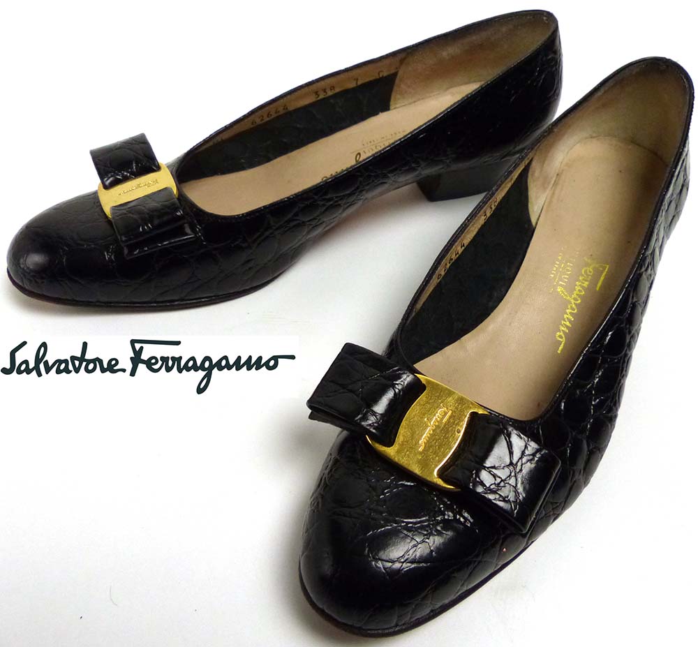 イタリア製 サルヴァトーレ フェラガモ / Salvatore Ferragamo 型押し ヴァラリボンレザーパンプス 7C(24-24 ...