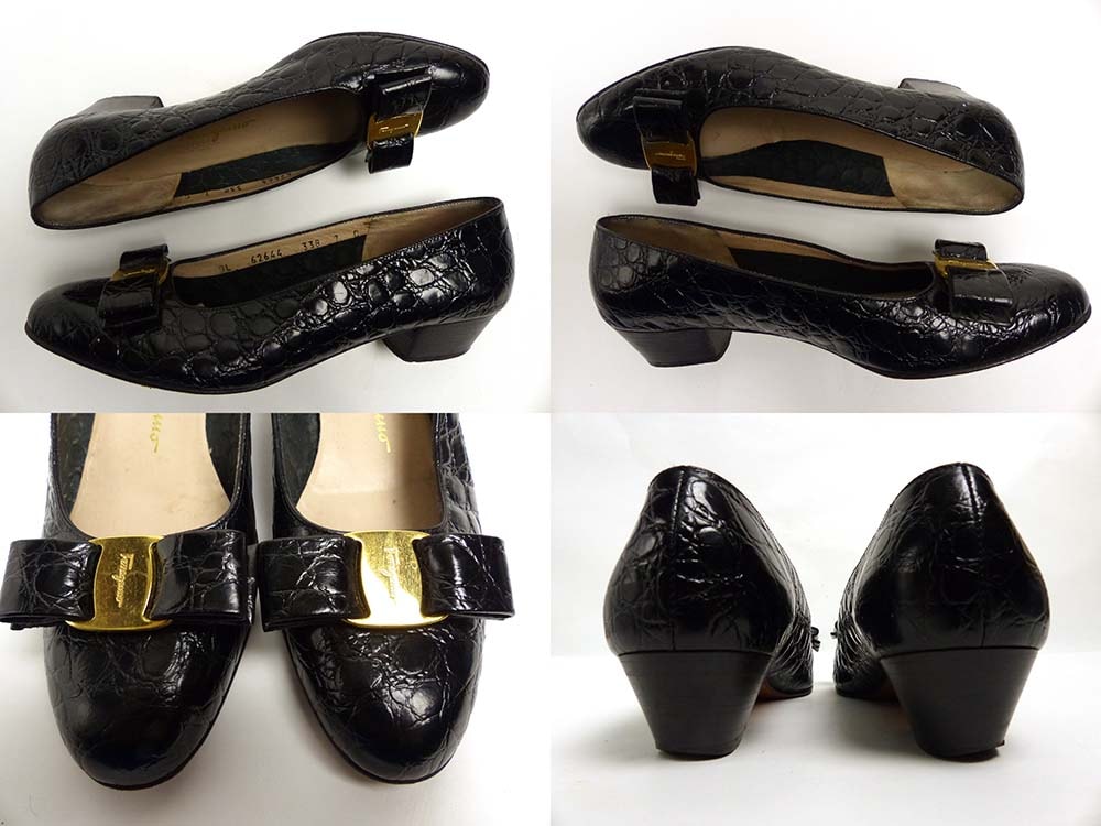 イタリア製 サルヴァトーレ フェラガモ / Salvatore Ferragamo 型押し ヴァラリボンレザーパンプス 7C(24-24 ...