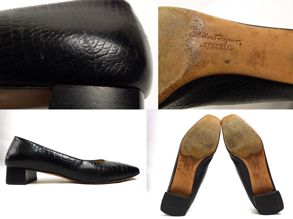 イタリア製 Salvatore Ferragamo サルヴァトーレ フェラガモ 型押しレザー パンプス 6 1/2C(23.5-24cm相当 ...