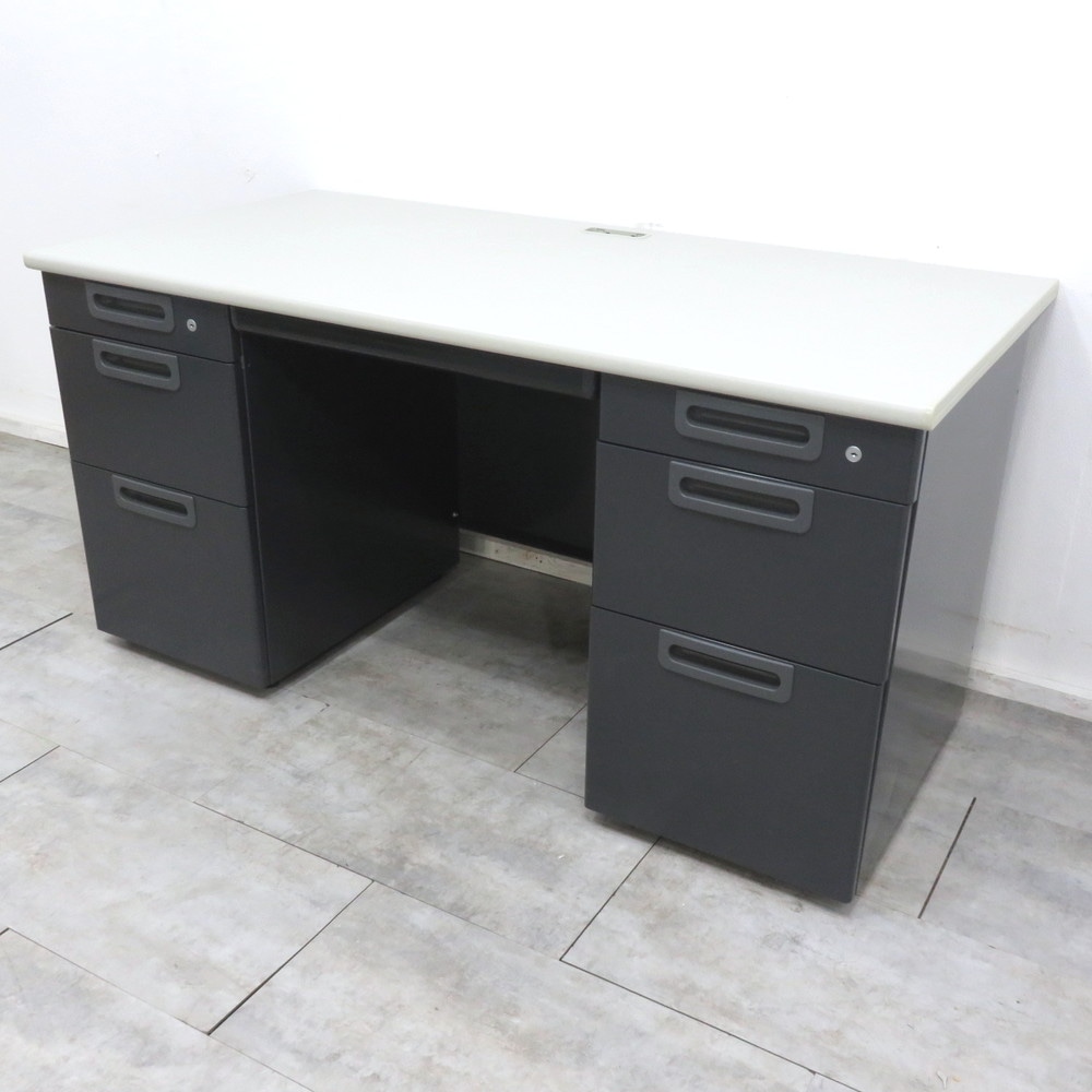 PLUS プラス RY-T147 LGY 両袖デスク ホワイト/ブラック 事務机 オフィスデスク PCデスク 両袖机 引出し 配線口 ...