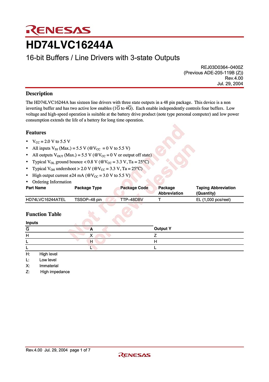RENESAS 16Bit Buffers Line Drivers with 3-state Outputs HD74LVC16244ATEL-E | カテゴリ別,部品,半導体製品,ロジック ...