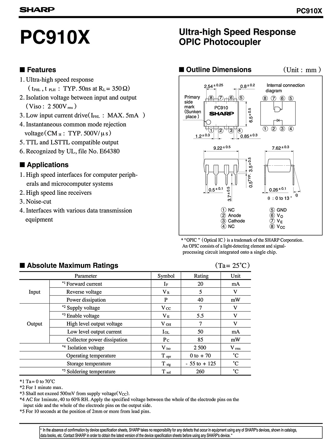 SHARP フォトカプラ Ultra-high Speed Response OPIC Photocoupler PC910X | カテゴリ別,部品,光エレクトロニクス,フォトカプラ ...