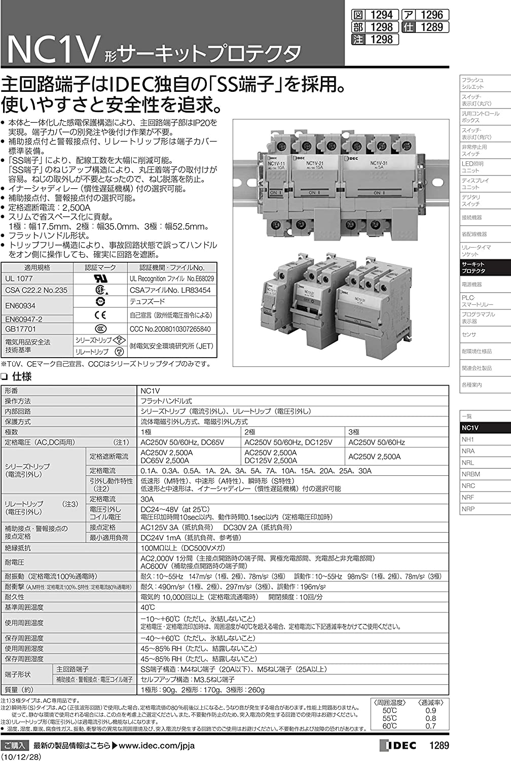 IDEC 汎用品 サーキットプロテクタ NC1V形 (20A 2極 中速形(A特性), NC1V-2121-20AA) | カテゴリ別,部品 ...