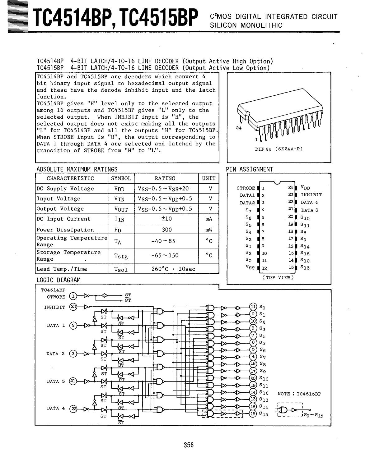 TOSHIBA バイナリデコーダ 4-BIT LATCH/4-TO-16 LINE DECODER ロジックIC TC4514BP ...