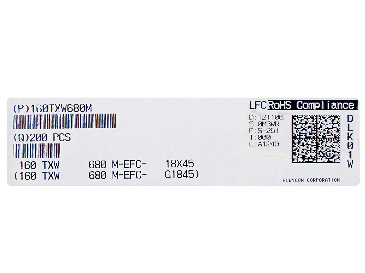 Rubycon ラジアルリード 長寿命 アルミ 電解コンデンサ 160V 680uF 105℃ 160TXW680M-EFC-18×45 （2 ...