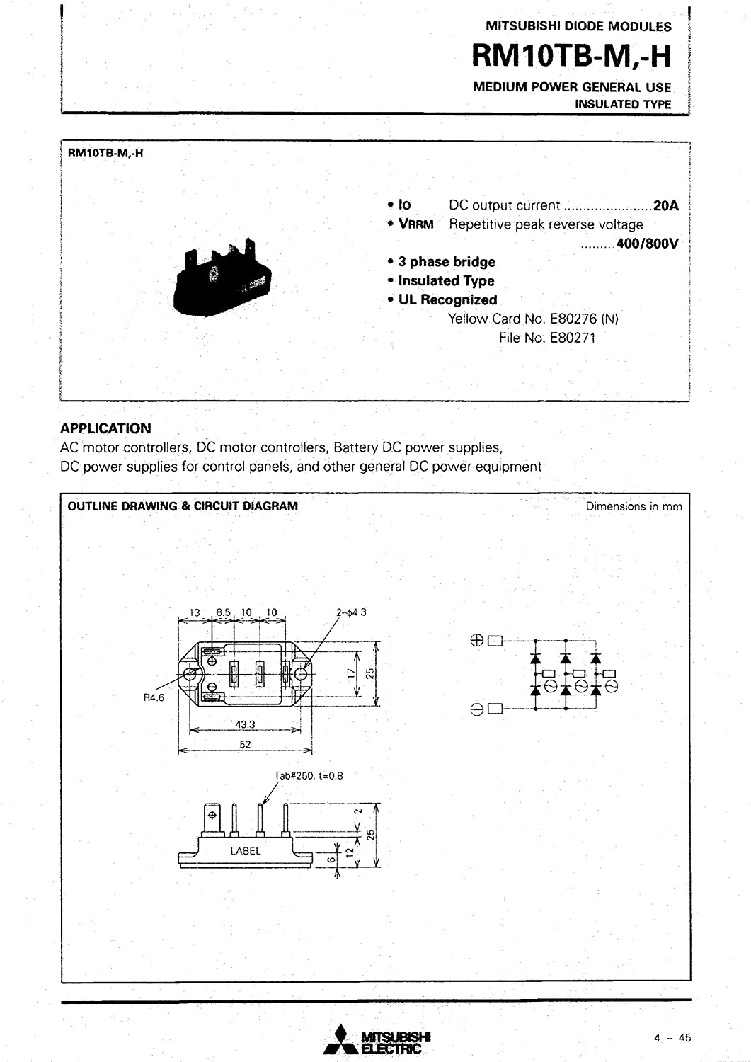 MITSUBISHI ダイオード モジュール 800V 20A RM10TB-H | カテゴリ別,部品,半導体製品,ダイオード ...