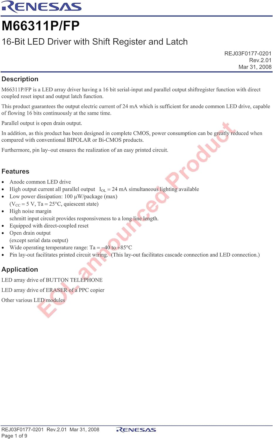 RENESAS 16-Bit LED Driver with Shift Register and Latch M66311P | カテゴリ別 ...
