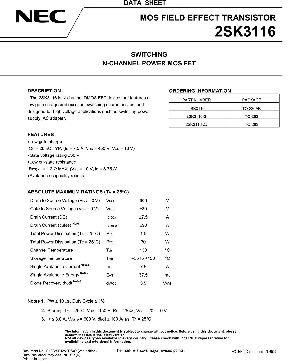 NEC SWITCHING N-CHANNEL POWER MOS FET 600V 7.5A 2SK3116 (5個セット) | カテゴリ別 ...