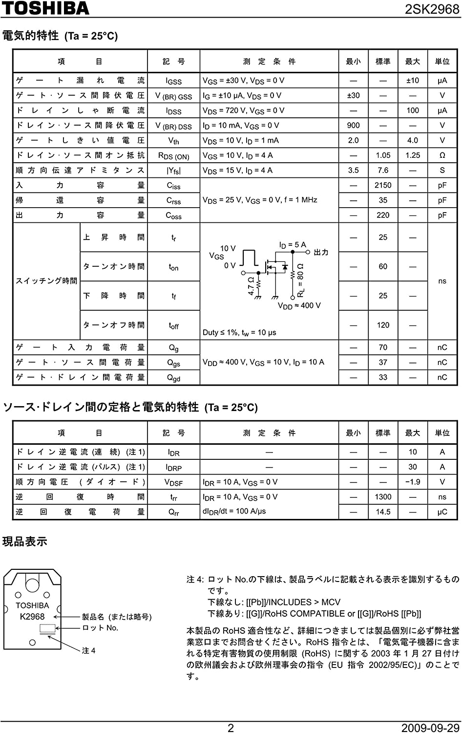 TOSHIBA シリコン N チャネル MOS形 FET 900V 10A 2SK2968 | カテゴリ別,部品,半導体製品,トランジスタ | Buhieen.com