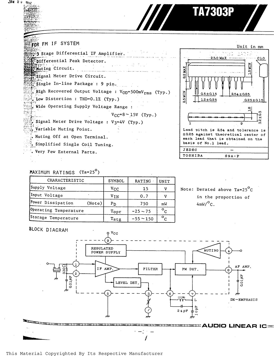 TOSHIBA FM IF Amplifier and Discriminator TA7303P (5個セット) | カテゴリ別,部品 ...