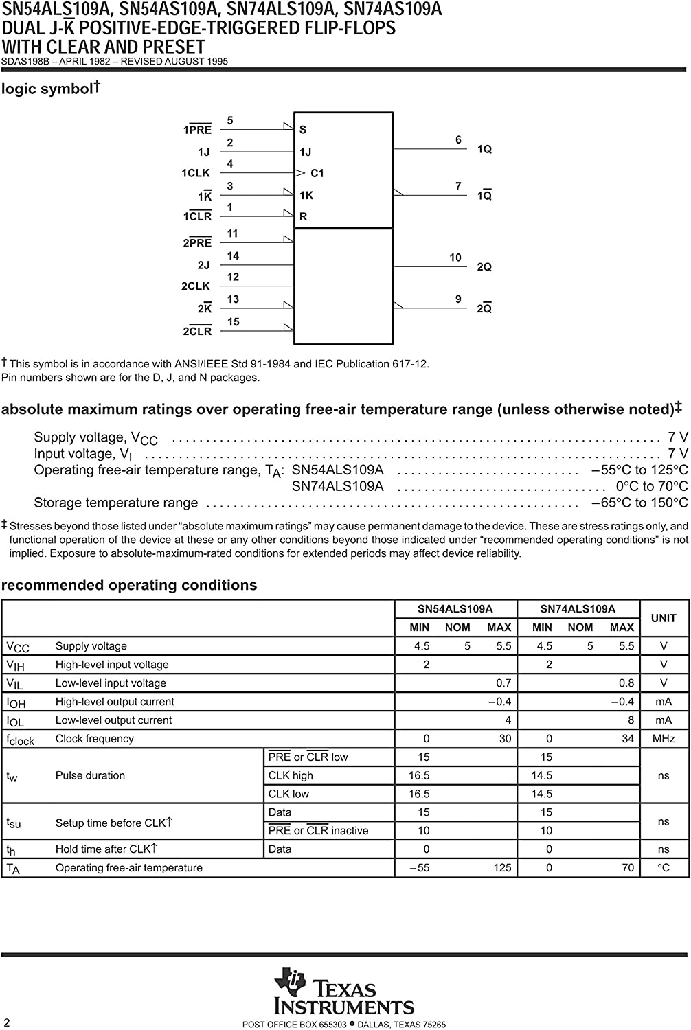 Texas Instruments DUAL J-K POSITIVE-EDGE-TRIGGERED FLIP-FLOP ロジックIC SN74ALS109AN (5個セット) | カテゴリ別 ...