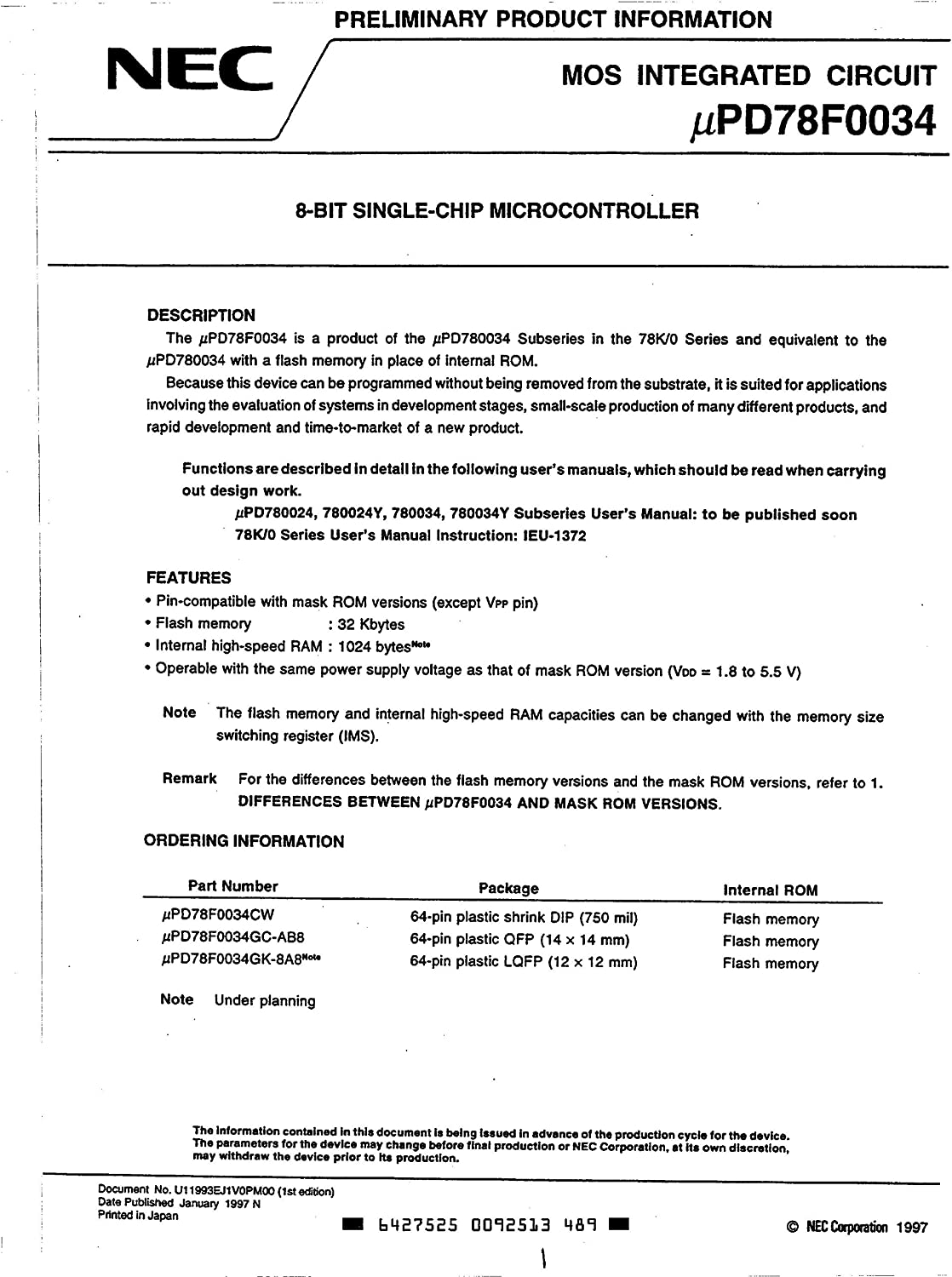 NEC 8-BIT SINGLE-CHIP MICROCONTROLLER UPD78F0034AYCW | カテゴリ別,部品,制御部品,コントローラ | Buhieen.com