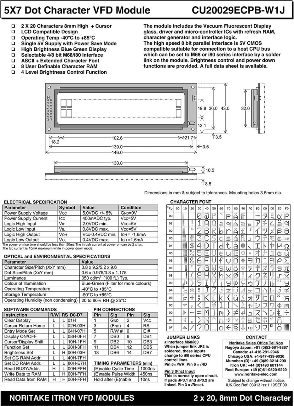 NORITAKE ITRON VFD(蛍光表示管)モジュール 5V CU-Uシリーズ CU20029ECPB-W1J | カテゴリ別,部品,光 ...