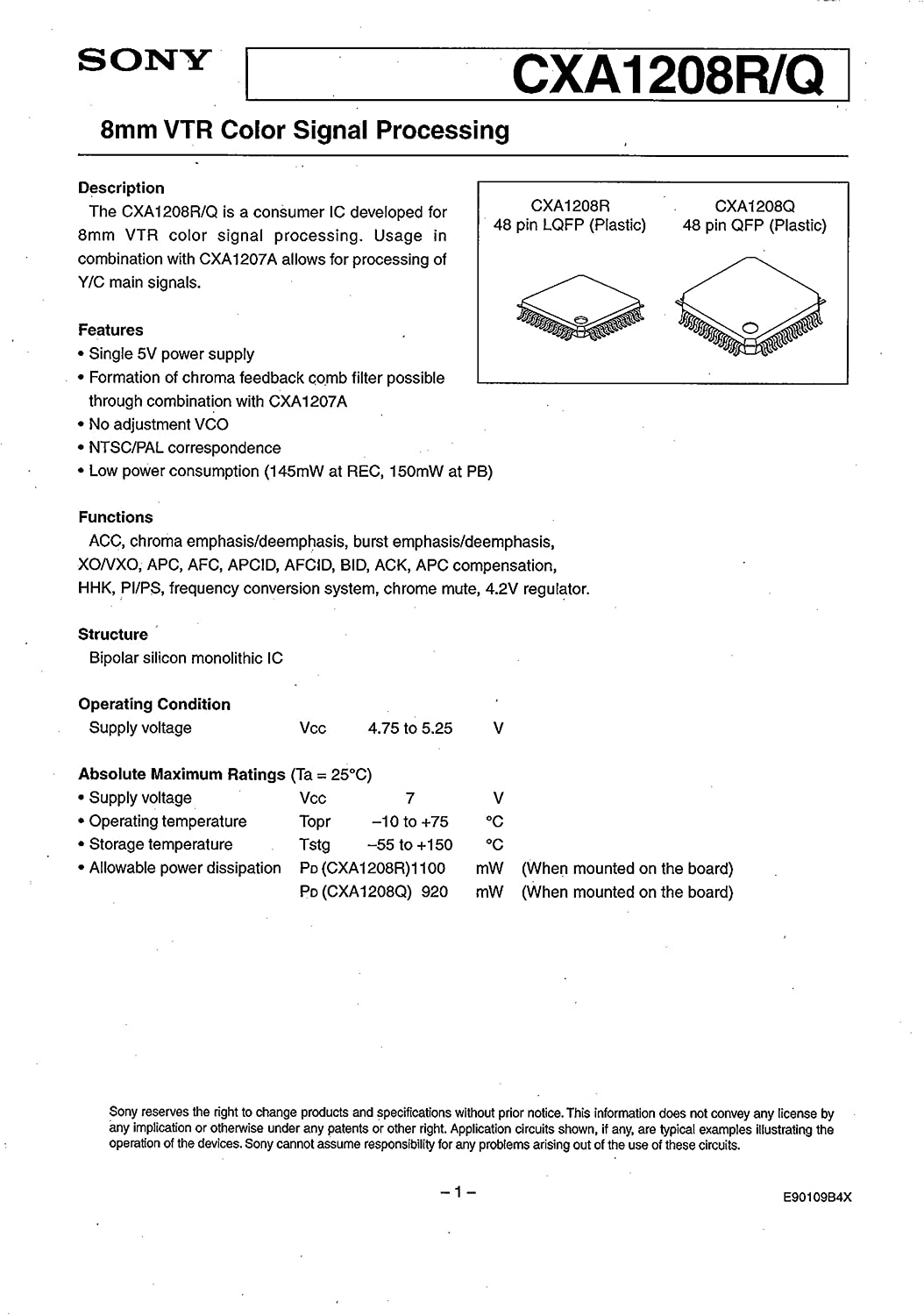 SONY 8mm VTR Color Signal Processing 48pin LQFP CXA1208R-T4 | カテゴリ別,部品 ...
