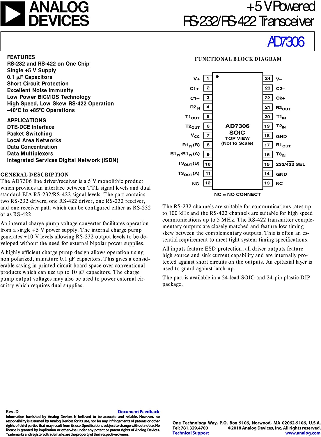 Analog Devices RS-232/RS-422 Transceiver AD7306JN | カテゴリ別,部品,半導体製品,インターフェイス | Buhieen.com
