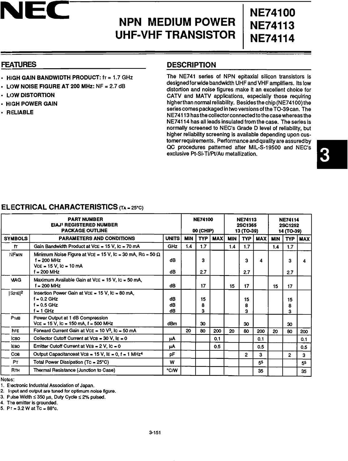 NEC NPN MEDIUM POWER UHF-VHF TRANSISTOR 2SC1252 | カテゴリ別,部品,半導体製品,トランジスタ ...