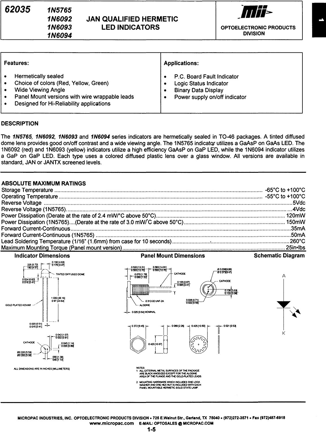 Mii JAN QUALIFIED HERMETIC LED INDICATORS JANTX1N6094 1N6094 | カテゴリ別,部品 ...
