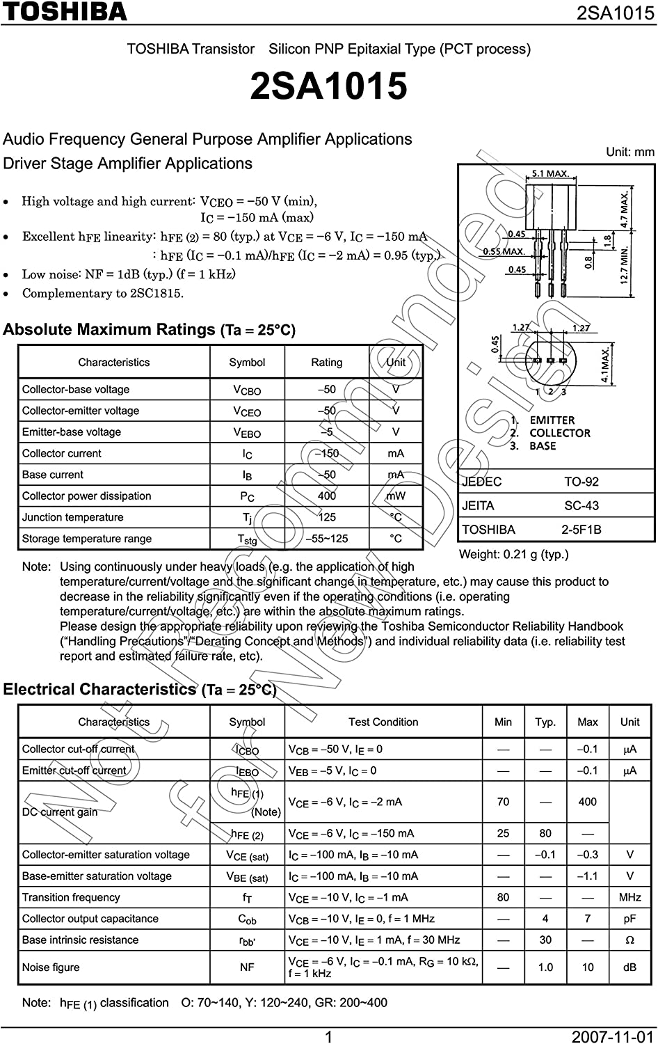 TOSHIBA シリコン PNP トランジスタ 2SA1015-Y (5個セット) | カテゴリ別,部品,半導体製品,トランジスタ ...