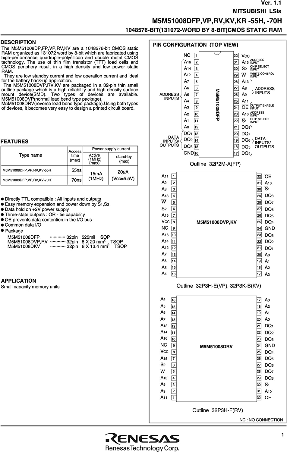 RENESAS CMOS STATIC RAM SRAM M5M51008DFP-55H#BT (2個セット) | カテゴリ別,部品,半導体 ...