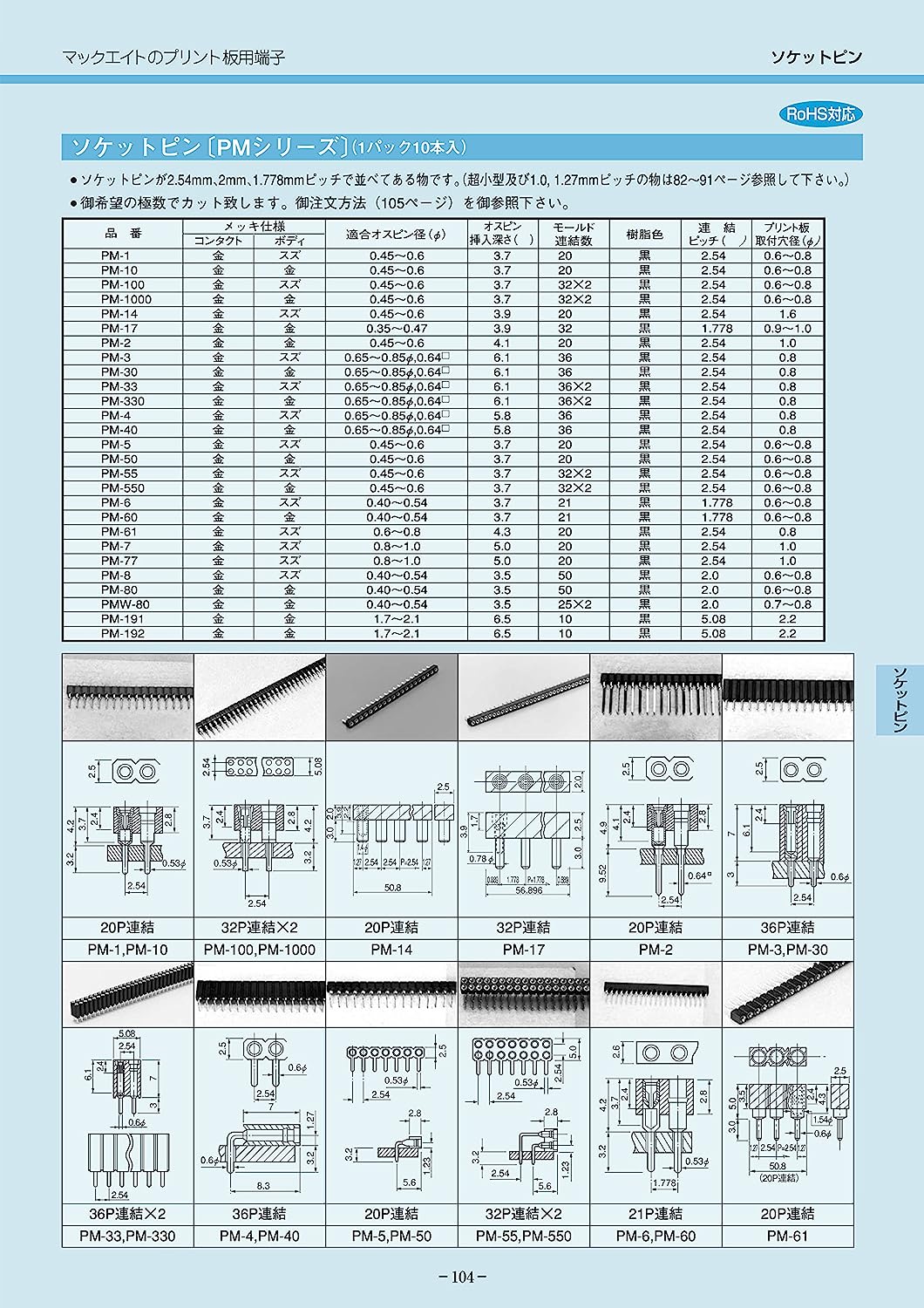 MAC8 ソケットピン 2.54mm ピッチ 2列タイプ 7P×2連 PM-55-7PW | カテゴリ別,部品,基板・基板部品,基板部品 ...