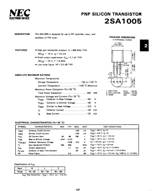 NEC PNP トランジスタ -40V -30mA A1005 2SA1005-A/JD (5個セット) | カテゴリ別,部品,半導体製品 ...