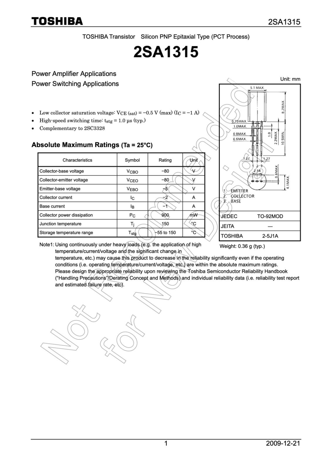 TOSHIBA PNP トランジスタ -80V -2A A1315 2SA1315-O (5個セット) | カテゴリ別,部品,半導体製品,トランジスタ | Buhieen.com