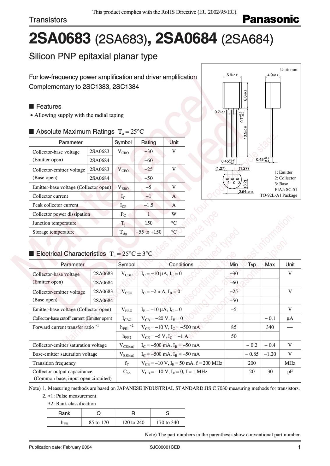 Panasonic PNP トランジスタ -60V -1A A684-R 2SA684-R (5個セット) | カテゴリ別,部品,半導体製品 ...