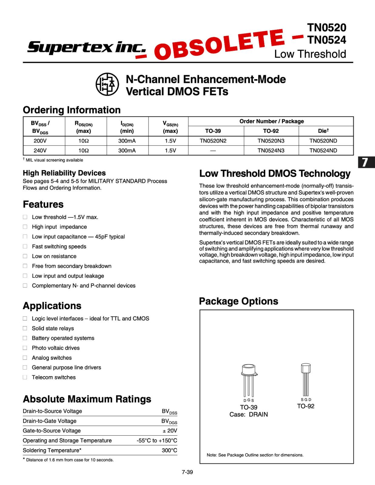 SUPERTEX N-Channel Enhancement Mode Vertical DMOS FETs 240V 300mA ...