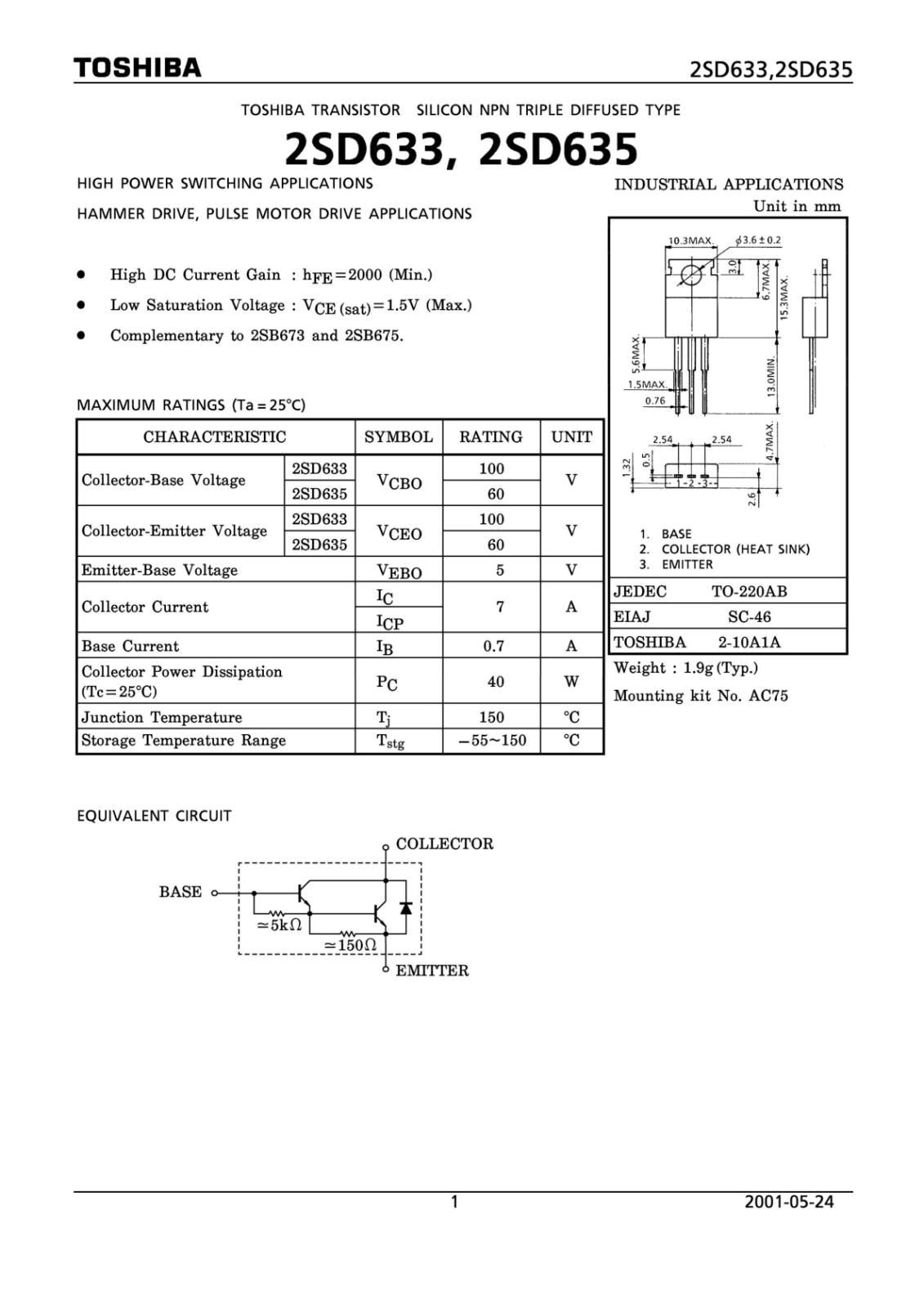 TOSHIBA NPN 三重拡散 トランジスタ 100V 7A D633 2SD633 (5個セット) | カテゴリ別,部品,半導体製品 ...