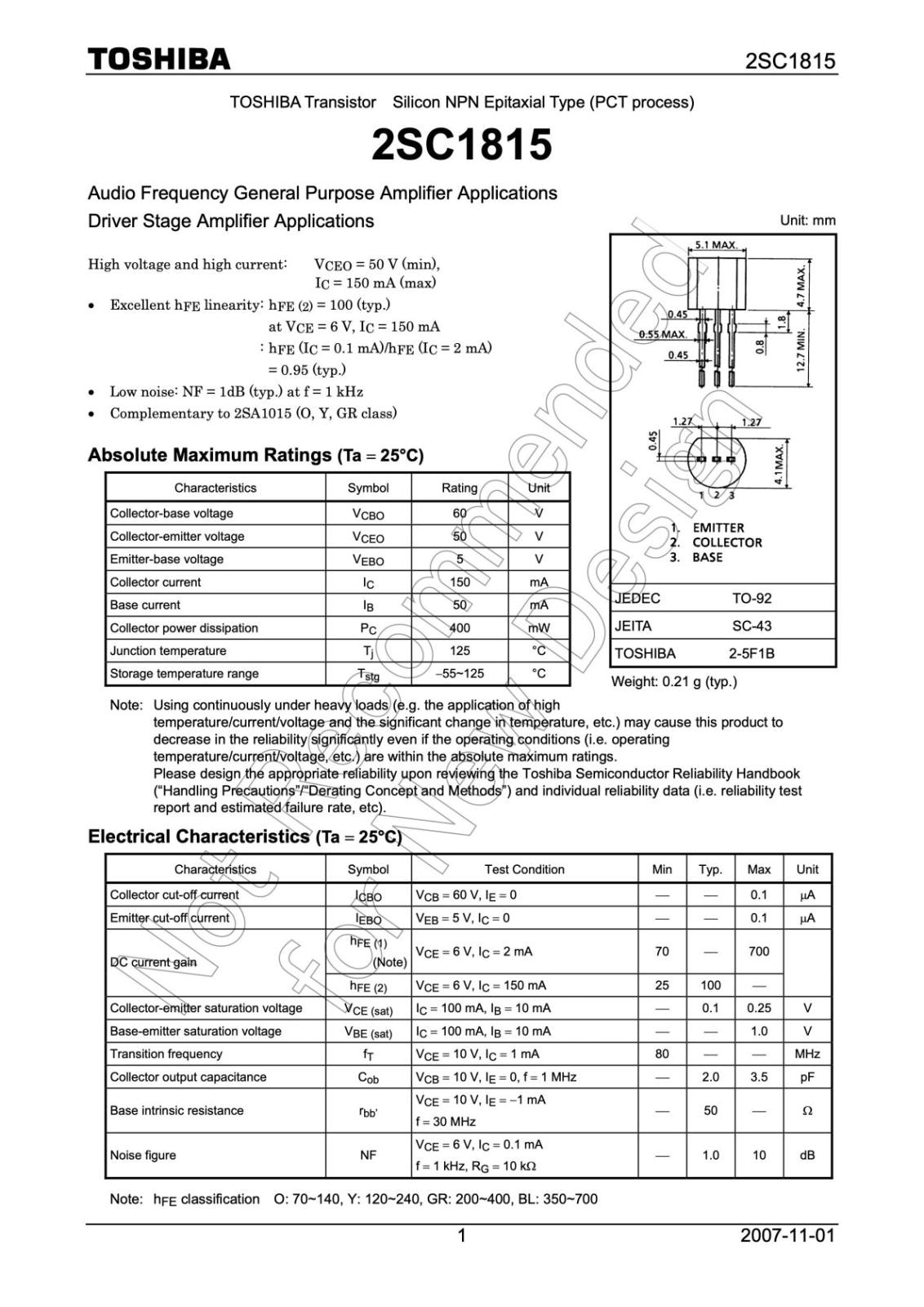 TOSHIBA シリコン NPN トランジスタ 60V 150mA C1815 2SC1815-Y (5個セット) | カテゴリ別,部品 ...