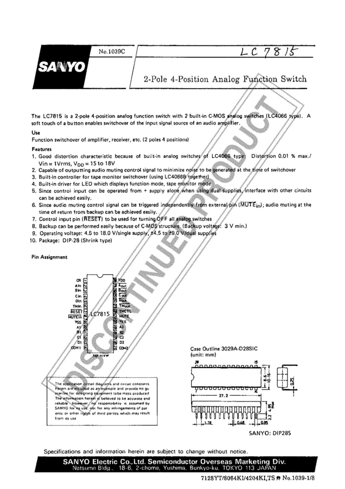SANYO 2-Pole 4-Position Analog Function Switch LC7815 | カテゴリ別,部品,半導体製品,インターフェイス | Buhieen.com