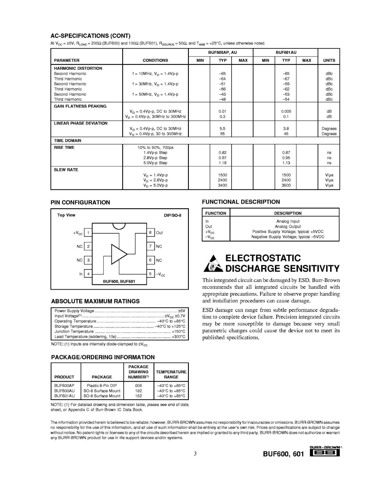 Burr Brown アンプIC バッファアンプ HIGH - SPEED BUFFER AMPLIFIER BUF601AU | カテゴリ別,部品,半導体製品,信号部品,アンプIC ...