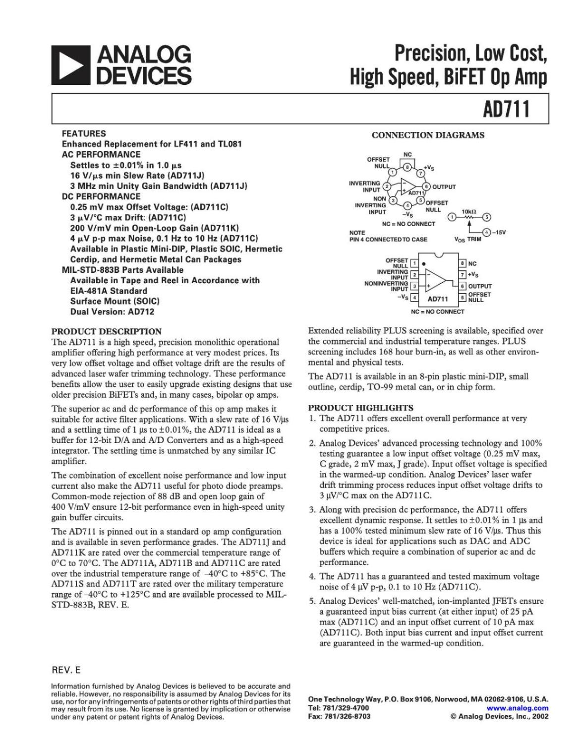 Analog Devices オペアンプ Precision Low Cost High Speed BiFET Op Amp AD711JR | カテゴリ別,部品,半導体製品,信号部品 ...