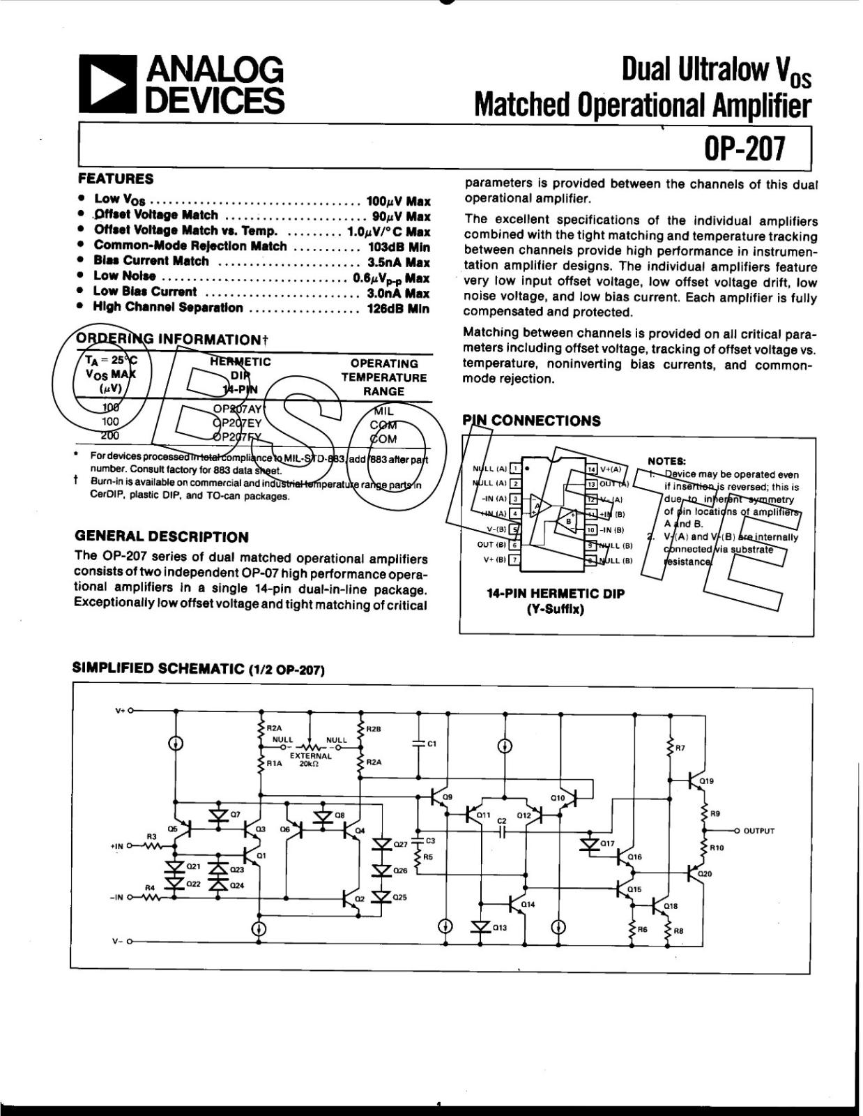 Analog Devices オペアンプ Dual Ultralow Vos Matched Operational Amplifier OP207FY | カテゴリ別,部品,半導体製品,信号 ...