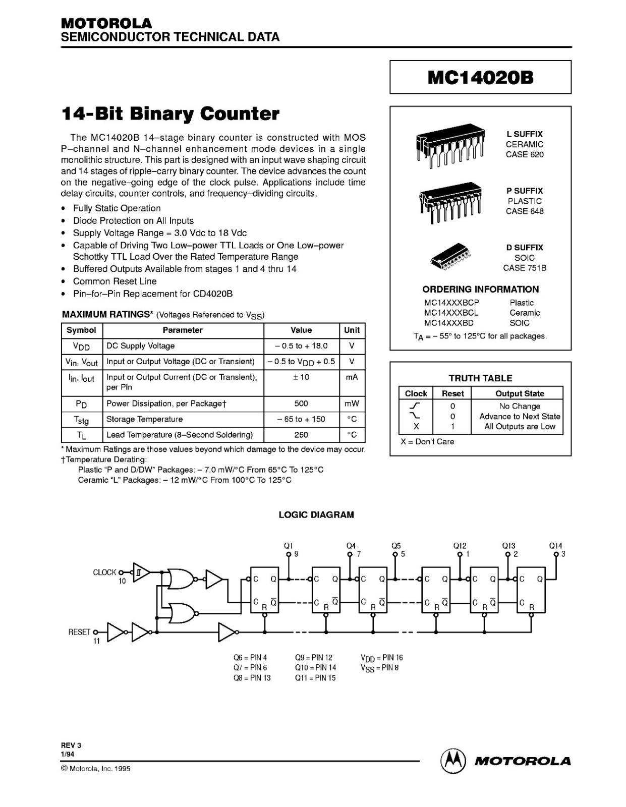 MOTOROLA ロジックIC 14-Bit Binary Counter MC14020BCP (5個セット) | カテゴリ別,部品,半導体製品,ロジックIC | Buhieen.com